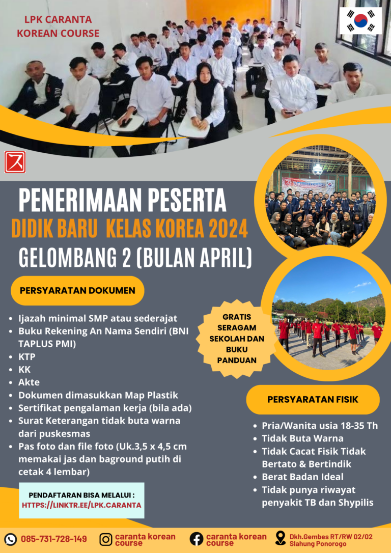 PENDAFTARAN SISWA BARU KELAS KOREA PROGRAM G TO G PERSIAPAN UJIAN TAHUN 2025 – LPK CARANTA